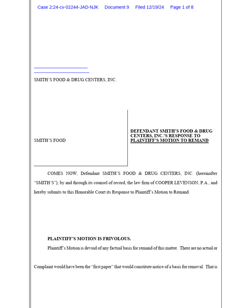 Defendants Response to Motion To Remand | PDF | Diversity Jurisdiction | Complaint