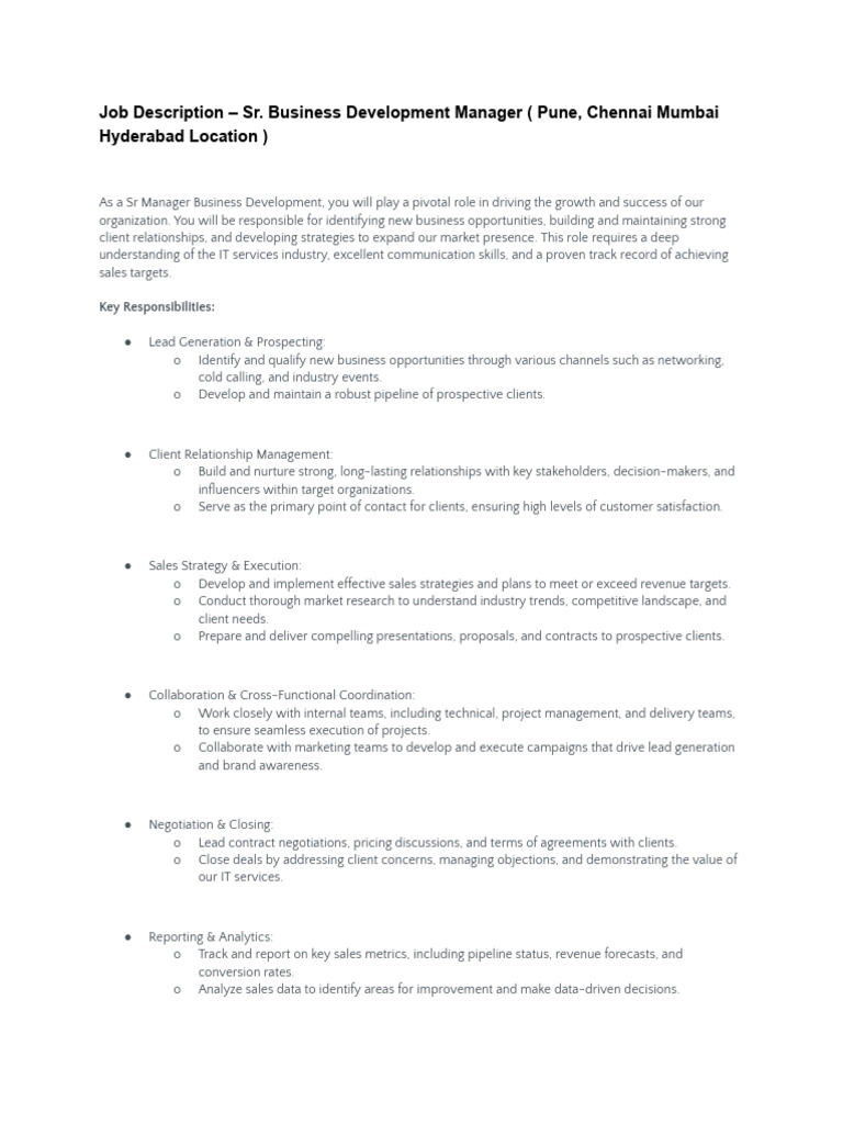 Sr. Business Development Manager | PDF | Business Development | Sales