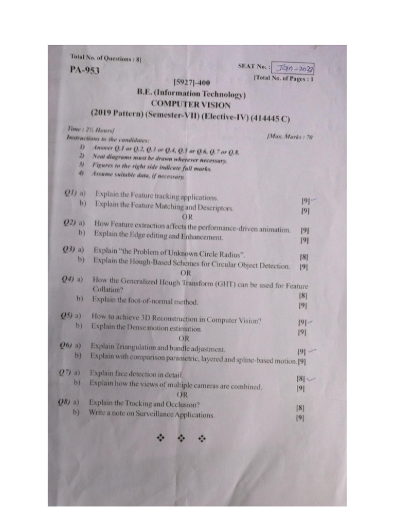 Computer Vision End Sem Question Paper 1 | PDF