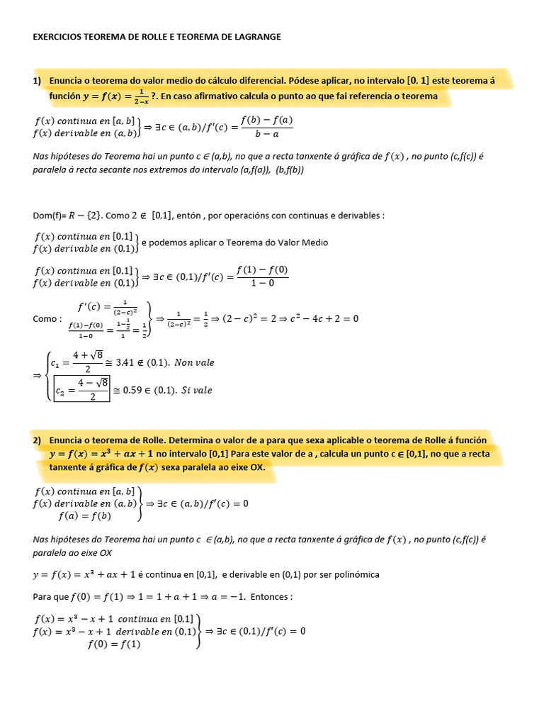 Exercicios Teorema de Rolle e Teorema de Lagrange | PDF