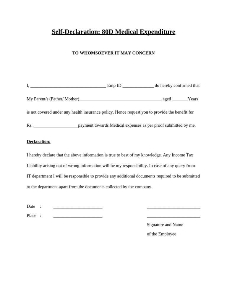 80D Self Declaration Format (Medical Expenditure) | PDF