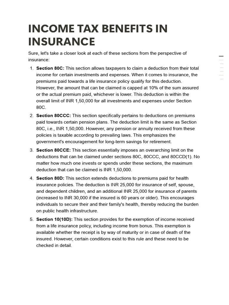 Income Tax Benefits in Insurance | PDF | Tax Deduction | Tax Exemption