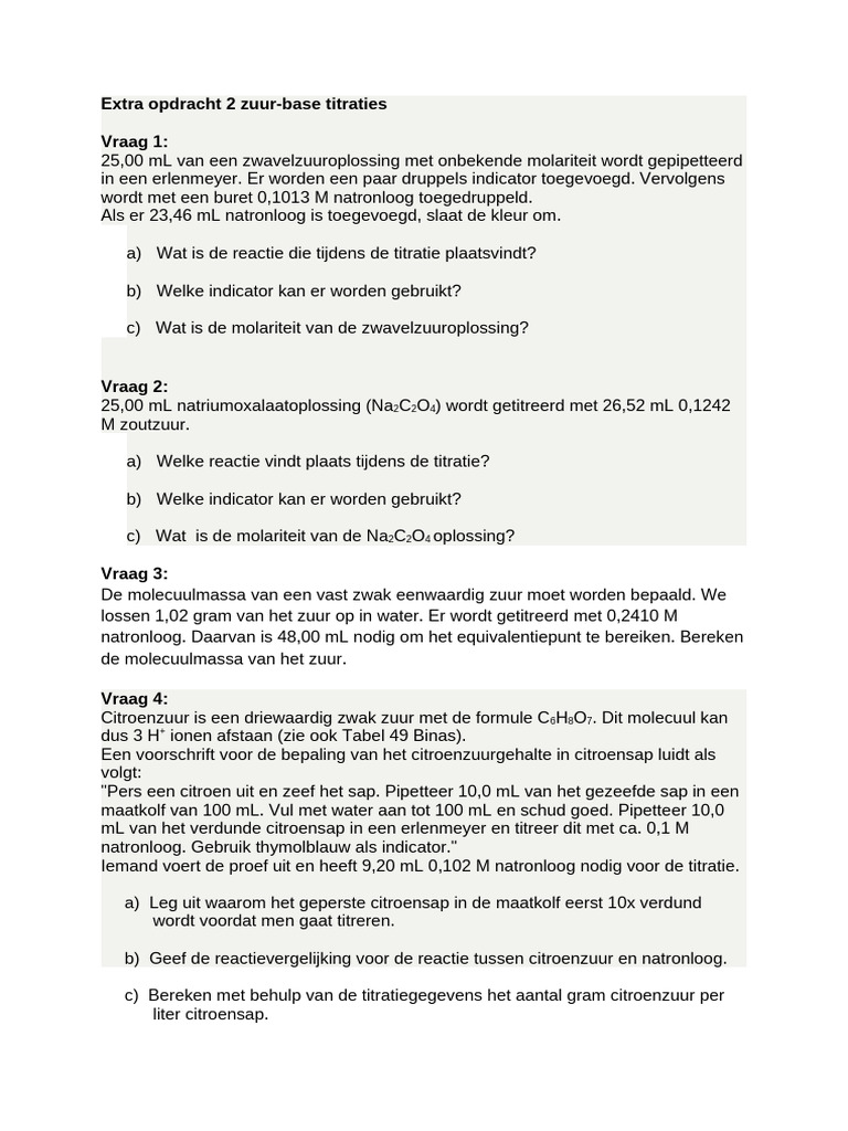 Extra Oefenopgaven Zuur-Base Titraties | PDF