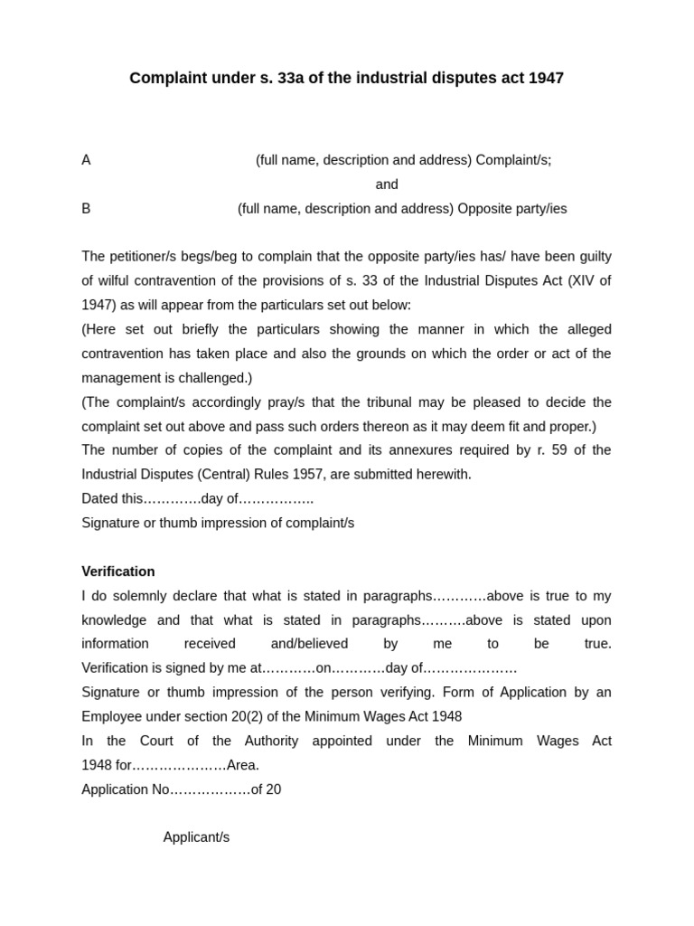 Industrial Dispute Complaint Form | PDF | Wage | Complaint