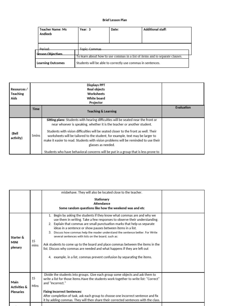 Lesson Plan Commas Day 7,8 | PDF | Comma | Lesson Plan