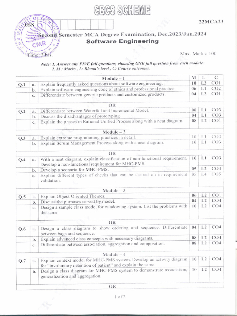 VTU Question Paper of 22MCA23 Software Engineering Jan-Fab-2024 | PDF