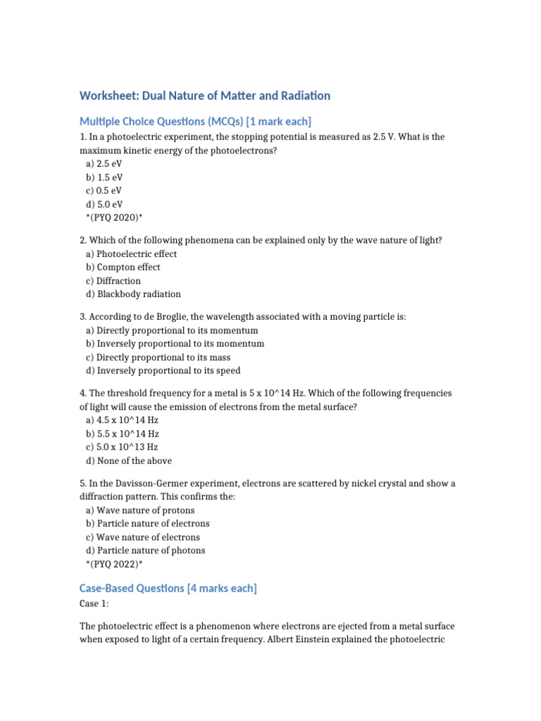 Dual_Nature_of_Matter_Worksheet | PDF | Photoelectric Effect | Electron