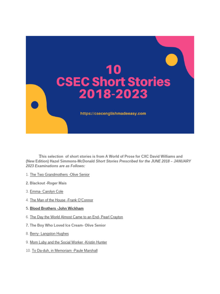 Csec English Literature Short Stories | PDF | Irony | Emma (Novel)