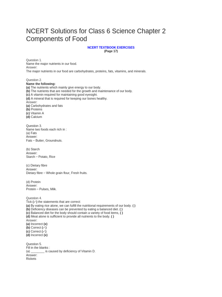 NCERT Solutions for Class 6 Science Chapter 2 Components of Food | PDF