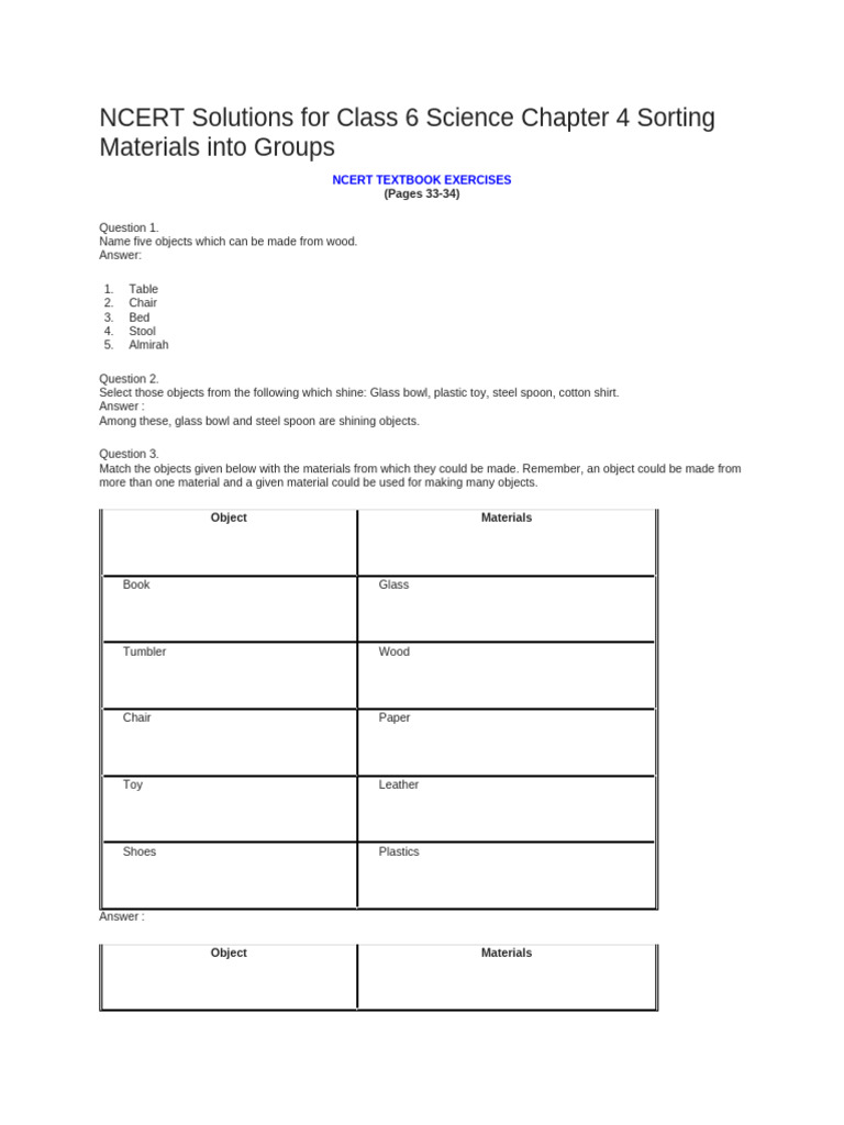 NCERT Solutions For Class 6 Science Chapter 4 Sorting Materials Into Groups | PDF | Materials