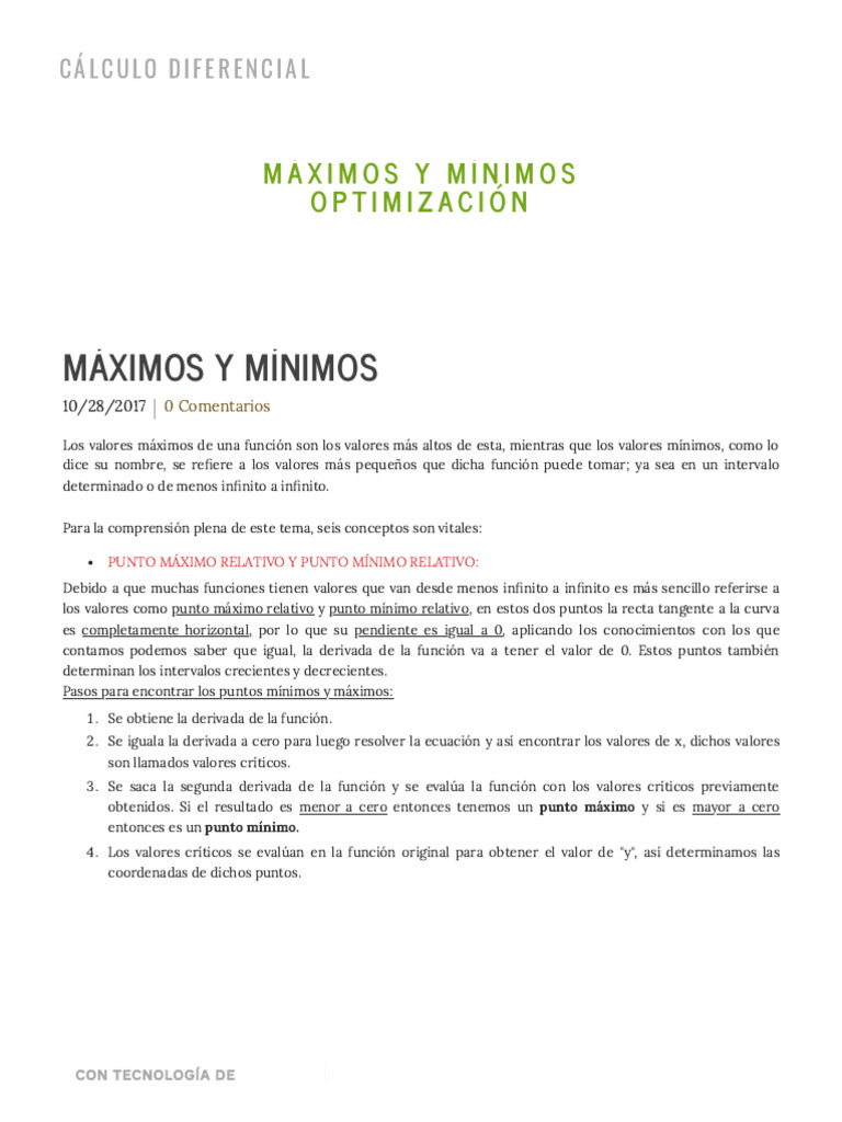 CÁLCULO DIFERENCIAL - MÁXIMOS Y MÍNIMOS | PDF | Derivado | Calculo diferencial