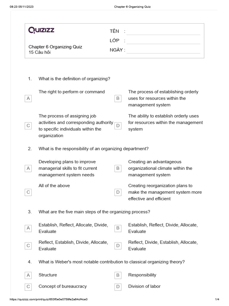 Chapter 6 Organizing Quiz | PDF | Leadership | Business Economics