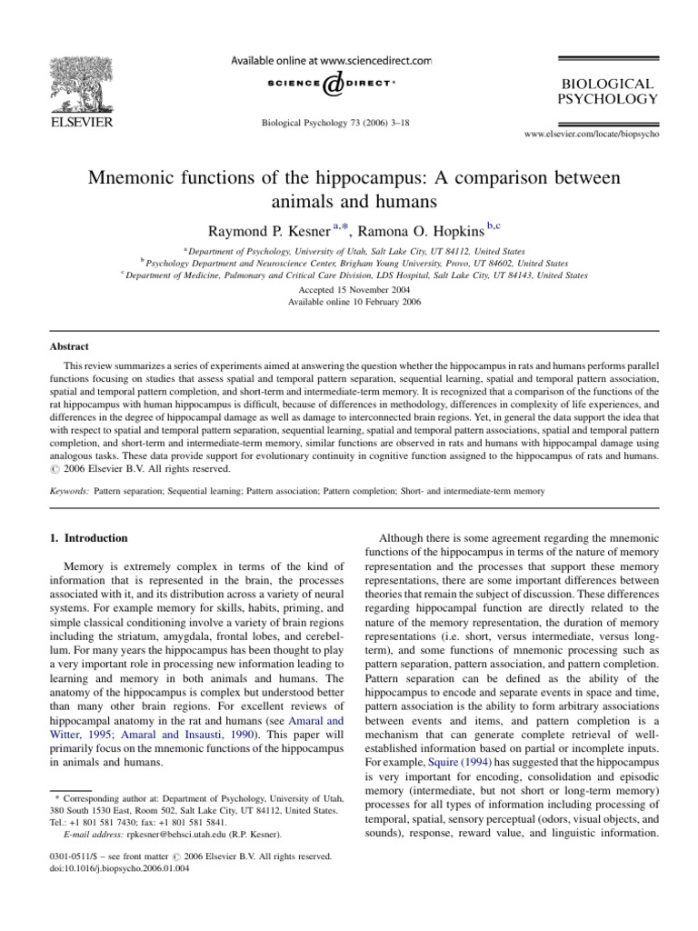 Kesner, Hopkins - 2006 - Mnemonic Functions of The Hippocampus A Comparison Between Animals and ...
