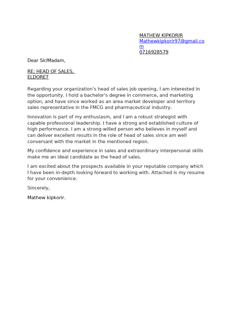 Sales & Marketing Manager Application Letter | PDF