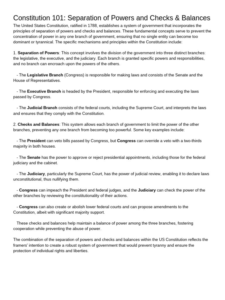 US Constitution: Powers & Balances | PDF | Separation Of Powers ...