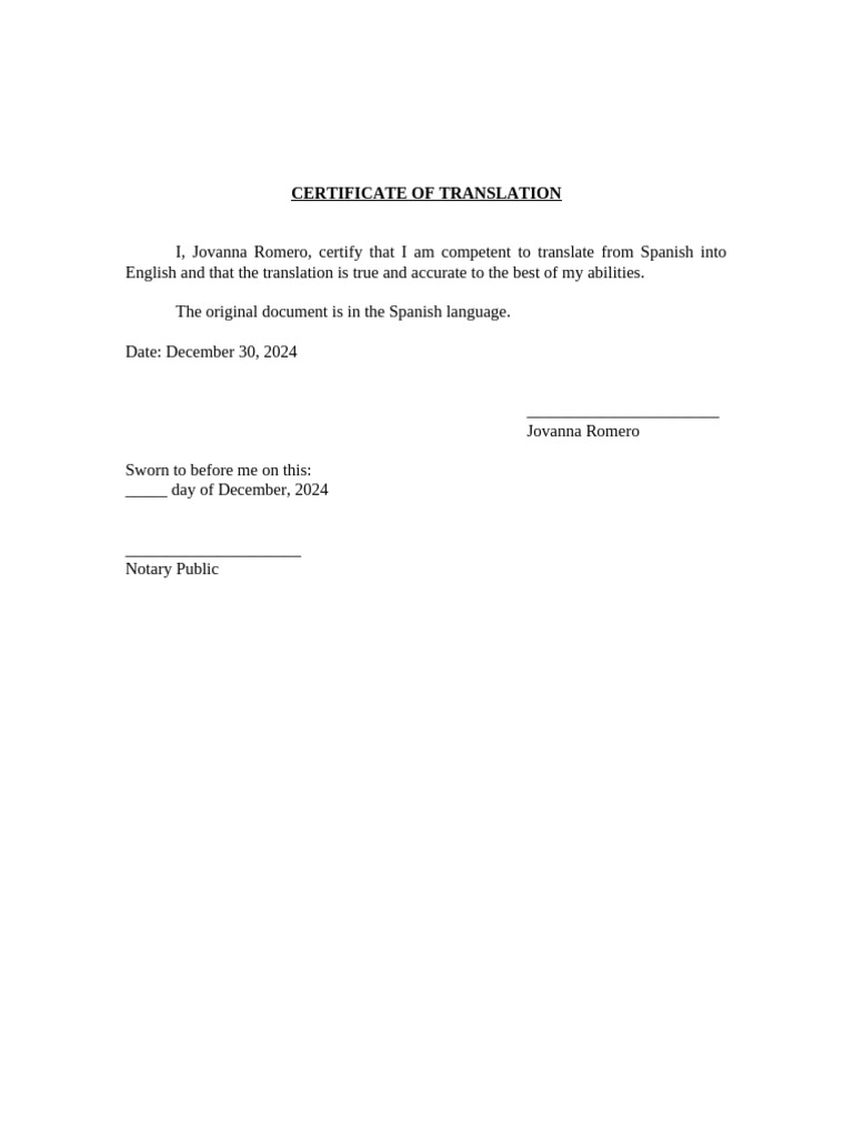 Certificate of Translation - With Notary | PDF