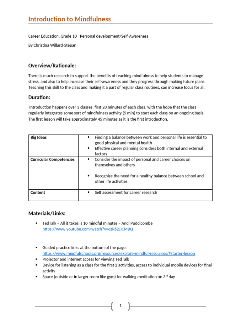 Introduction To Mindfulness Lesson Plan Grade 10 | PDF | Mindfulness ...