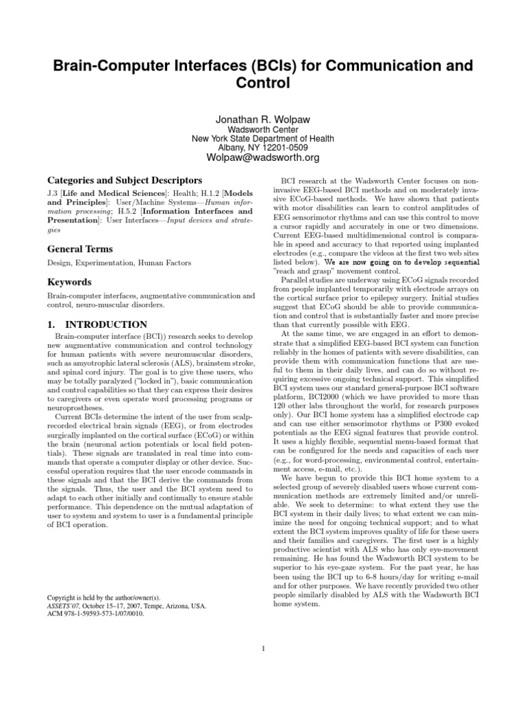 Brain-Computer Interfaces (Bcis) For Communication and Control | PDF ...