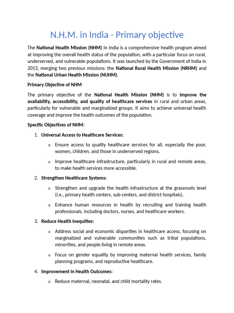 N.H.M. in India - Primary Objective | PDF | Preventive Healthcare ...