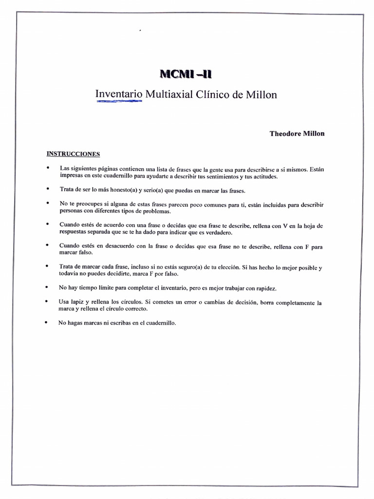 Inventario Milon de Personalidad MCMI2 | PDF