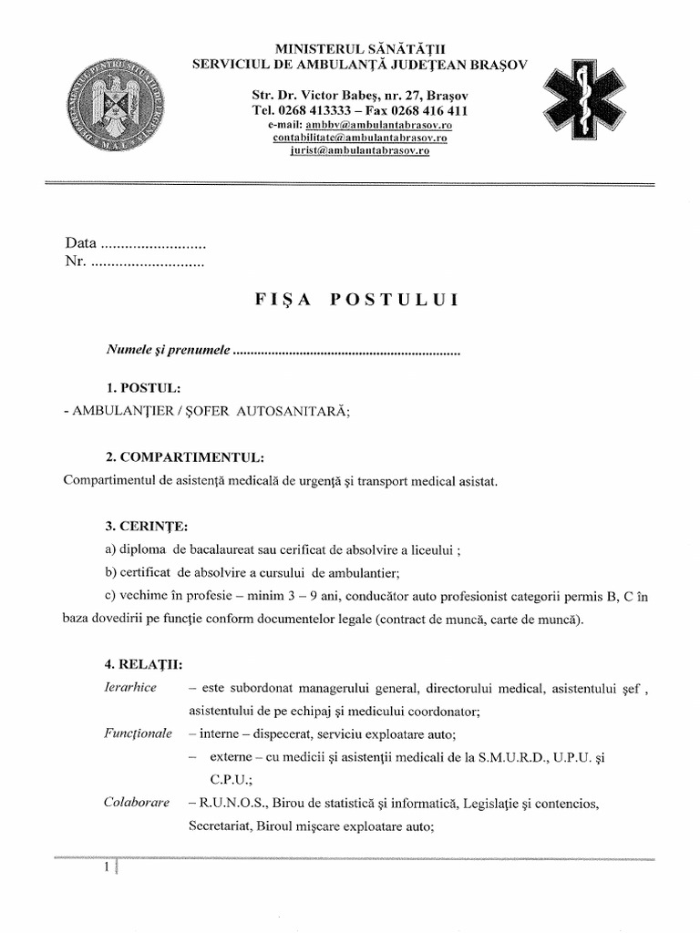 Fisa Postului de Sofer Autosanitara | PDF