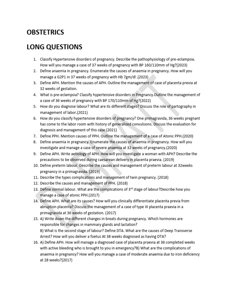 OBG Previous Year Long Questions | PDF | Pregnancy | Childbirth