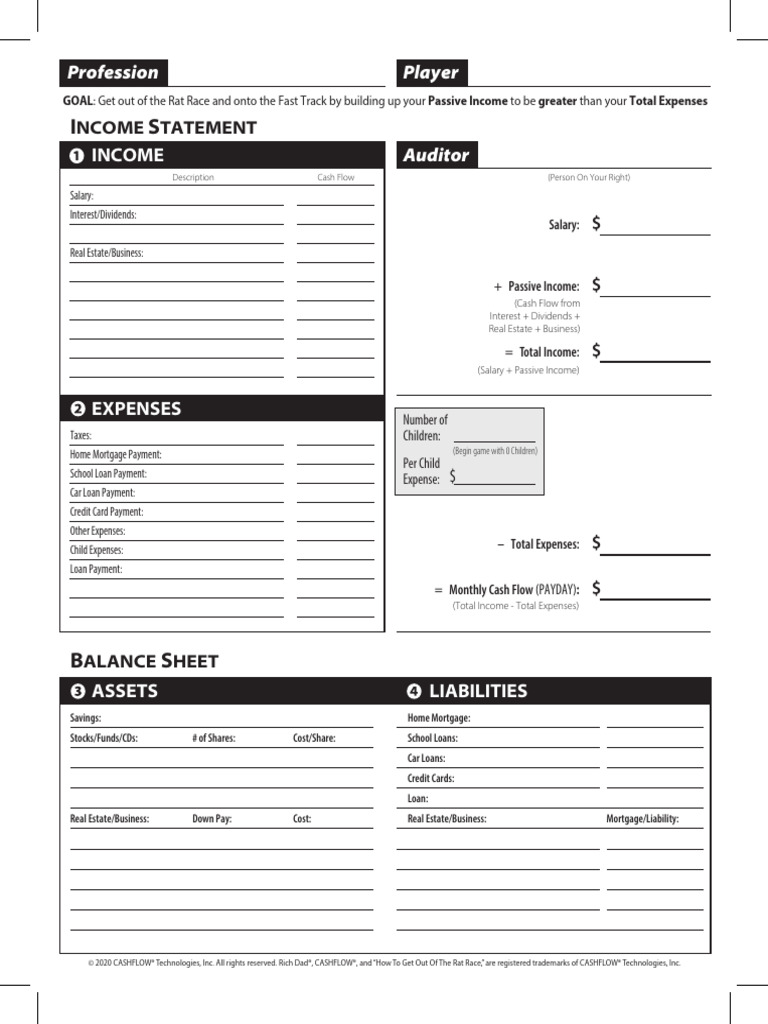 CASHFLOW Rat Race Financial Statement 2020 | PDF | Loans | Payments