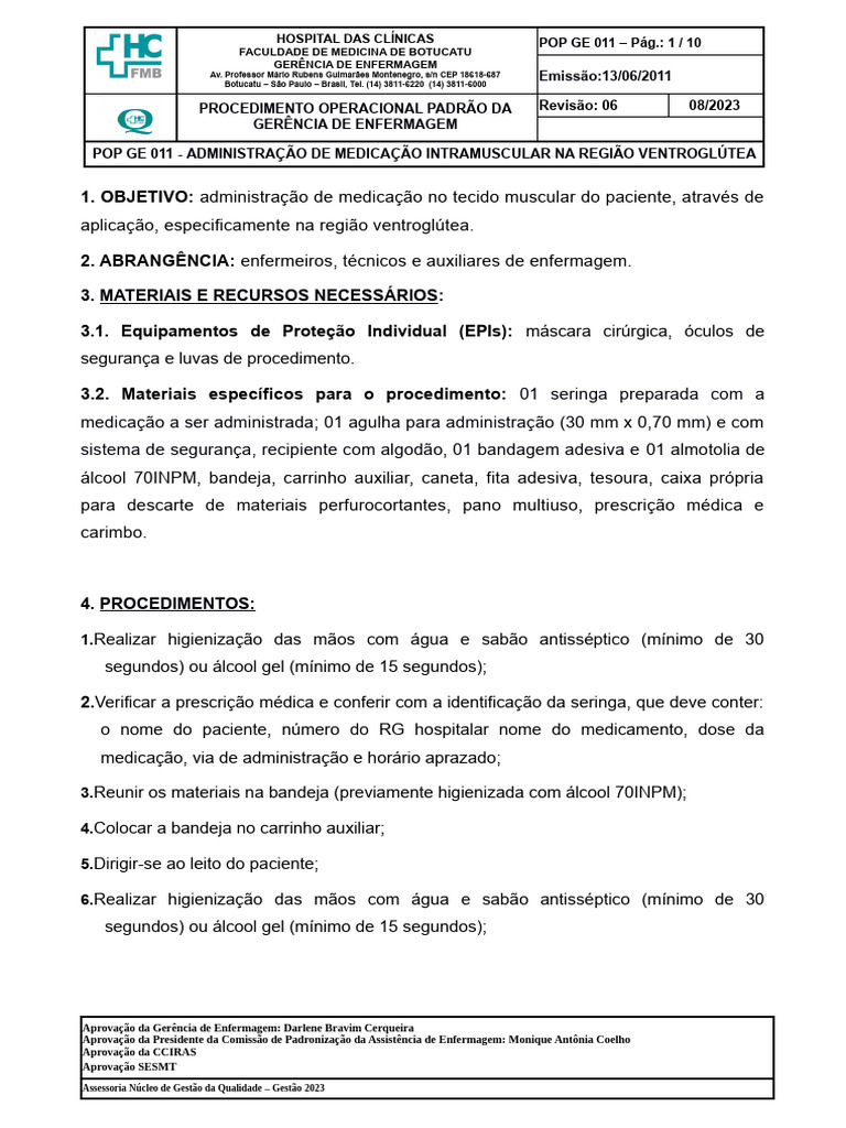 POP GE 011 ADMINISTRACAO de MEDICACAO Intramuscular em Regiao ...