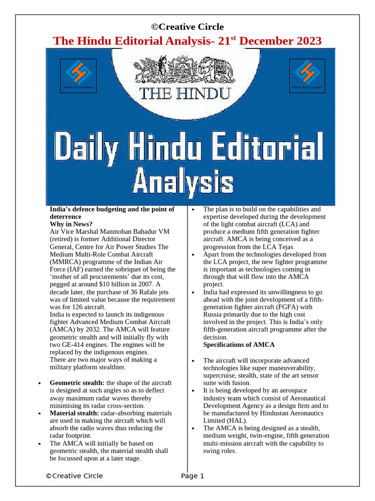 The Hindu Editorial Analysis 21st Dec 2023 | PDF | Fighter Aircraft ...