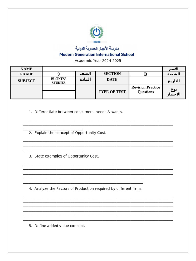 Revision Questions Grade 9 Business Studies Chapter 1, 2,3 and 4 | PDF ...