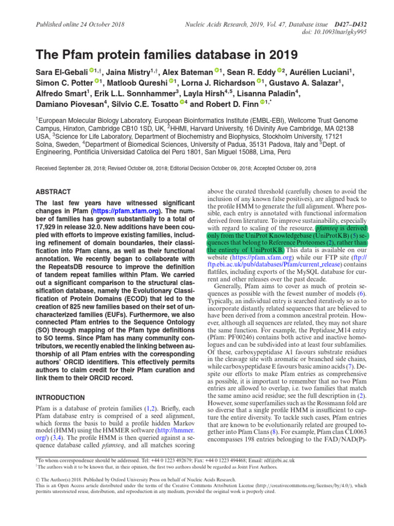 2019 - The Pfam Protein Families Database in 2019 | PDF | Protein ...