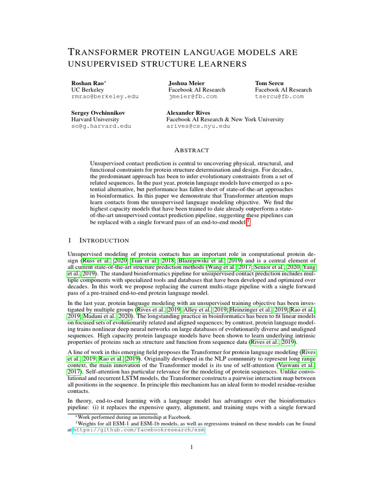 2020 - Transformer Protein Language Models Are Unsupervised Structure Learners | PDF | Machine ...