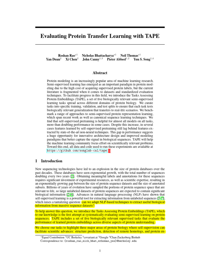 2019 - Evaluating Protein Transfer Learning With TAPE | PDF | Sequence Alignment | Nucleic Acid ...