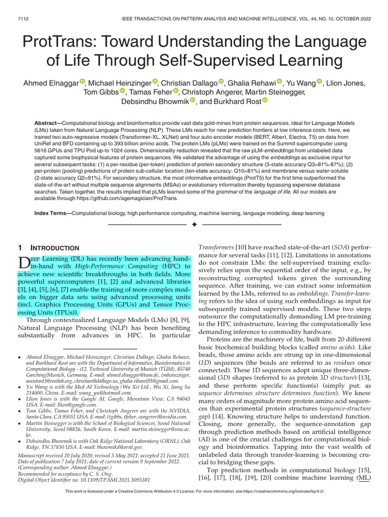 2021 - ProtTrans - Toward Understanding The Language of Life Through ...