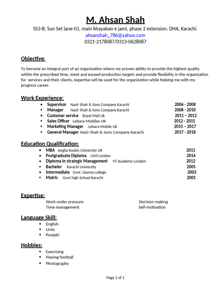 Mr Ahsan Shah CV KHI | PDF
