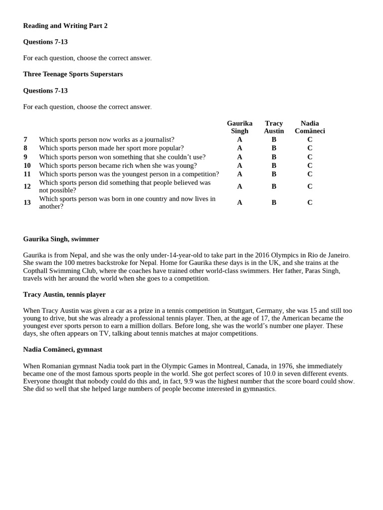 K - Reading PART 2 - Matching IV | PDF | International Sports ...