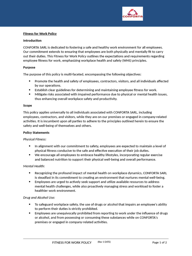 CONF-Fitness For Work Policy | PDF | Physical Fitness | Occupational ...