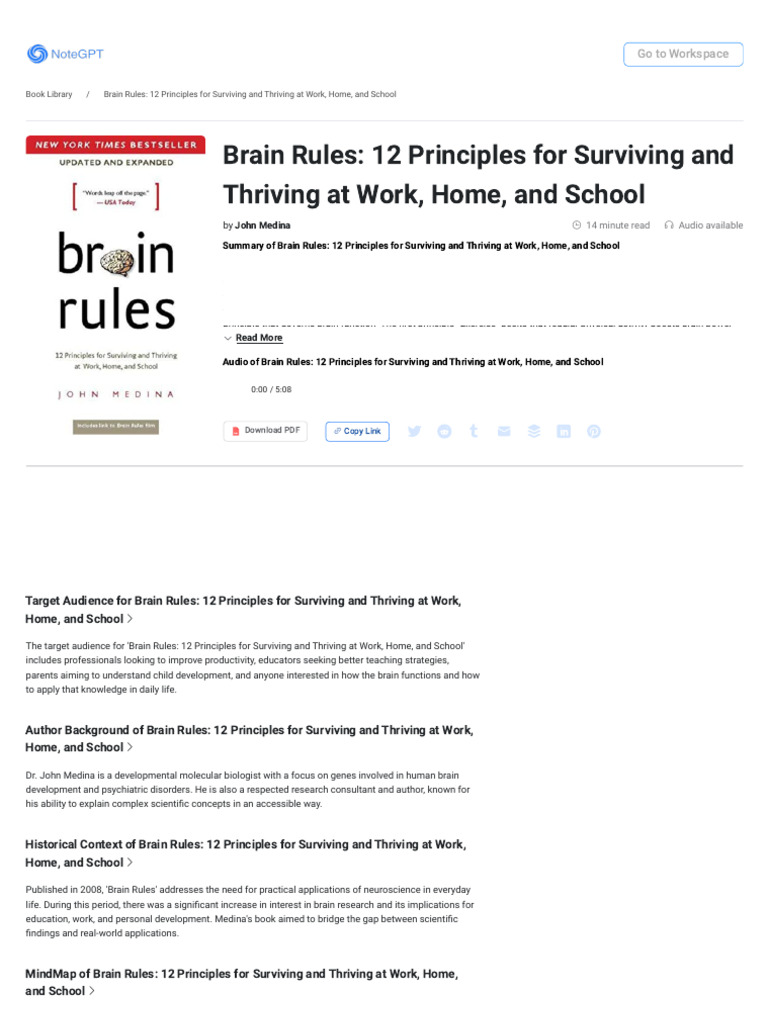 Summary of Brain Rules_ 12 Principles for Surviving and Thriving at ...