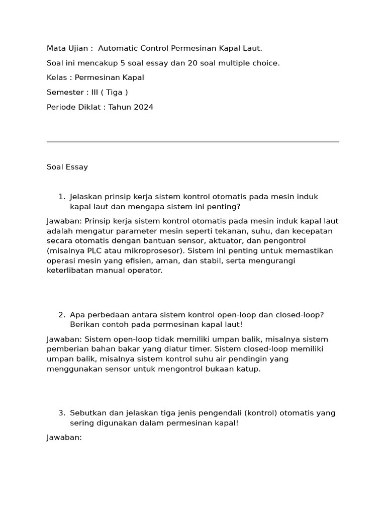 Soal Ujian Automatic Control PMK Semester 3 | PDF
