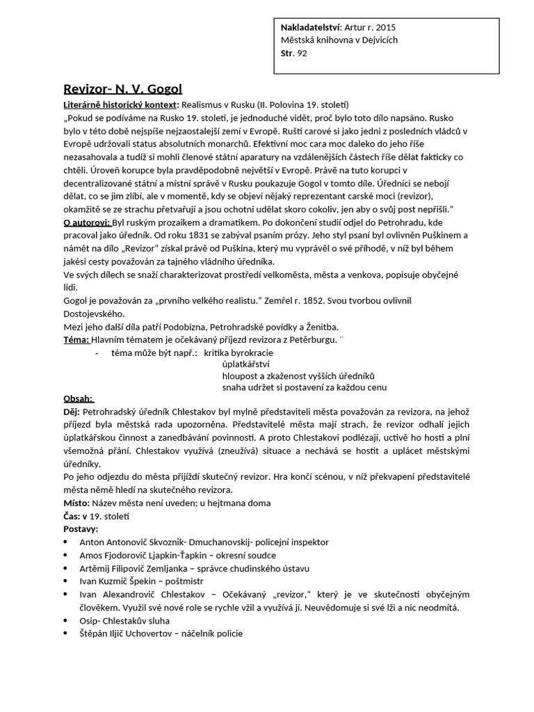 Gogol - Revizor - Maturitní Otázka | PDF