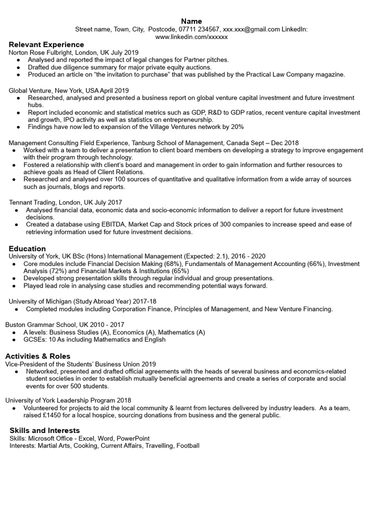 Investment Banking Example CV | PDF | Investing | Venture Capital