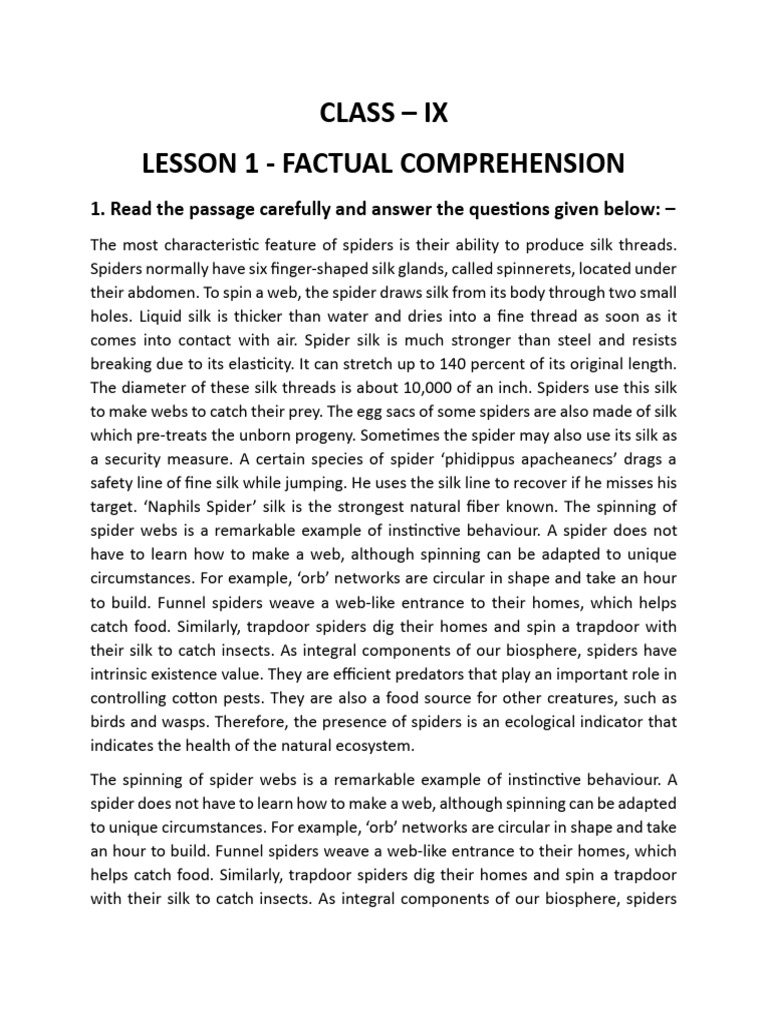 Class 9 Passage 1 Factual Comprehension | PDF | Spider | Spider Web