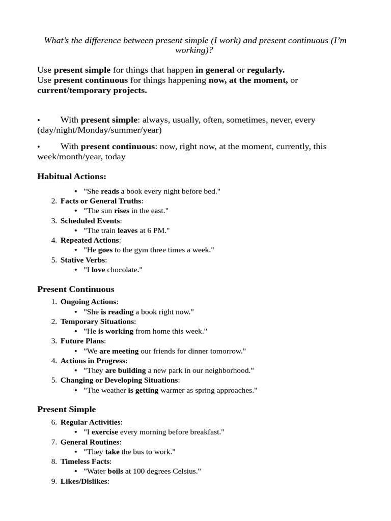 Present Simple vs. Present Continuous Guide | PDF | Linguistics