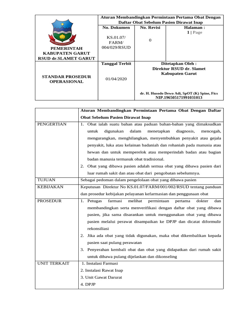 Pkpo 5.7 Sop Aturan Membandingkan Permintaan Pertama Obat Dengan Daftar Obat Sebelum Pasien ...