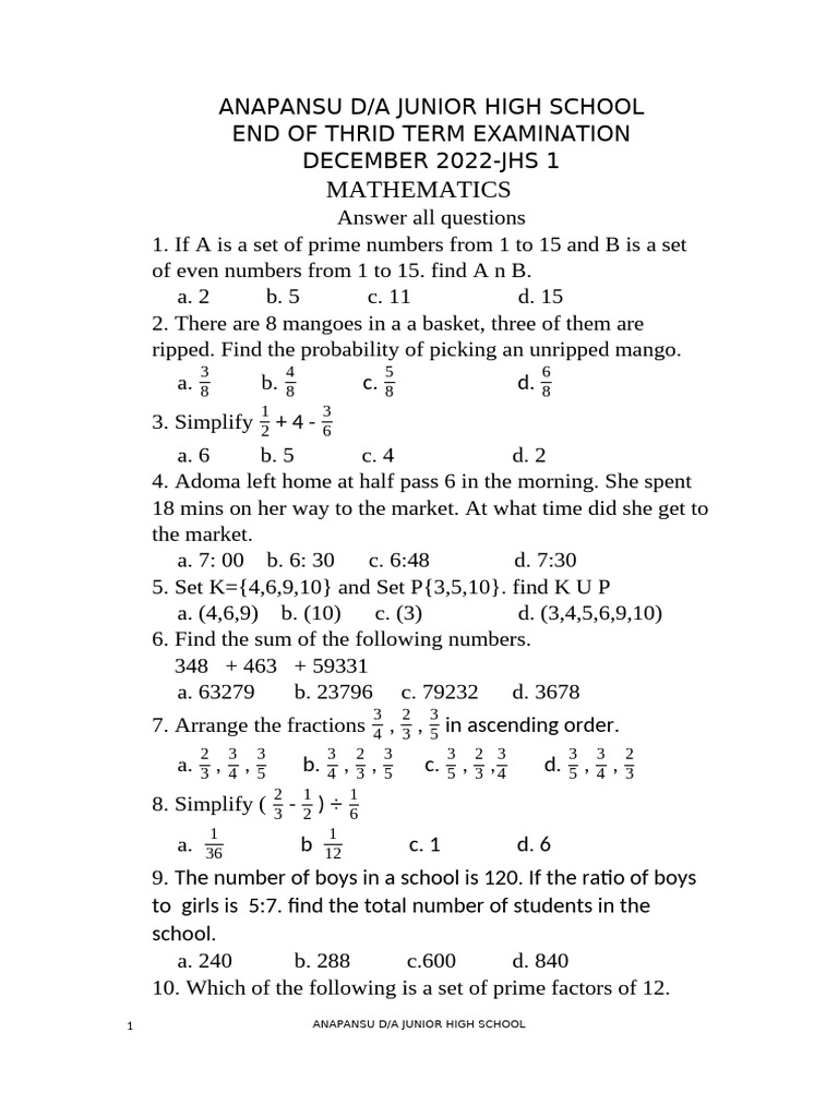 Anapansu Maths Jhs 1 | PDF | Elementary Mathematics | Numbers