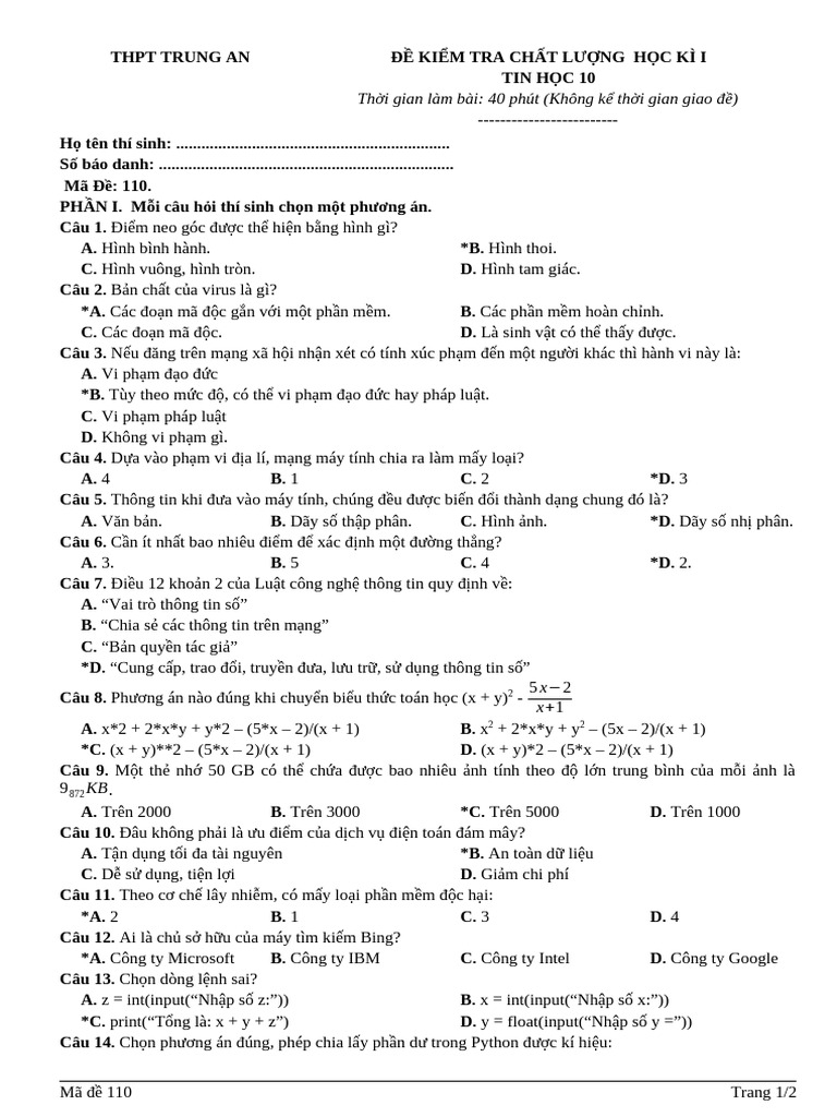 110 PCCGZX de Kiem Tra Chat Luong Hoc Ki I 01-01-2025 | PDF
