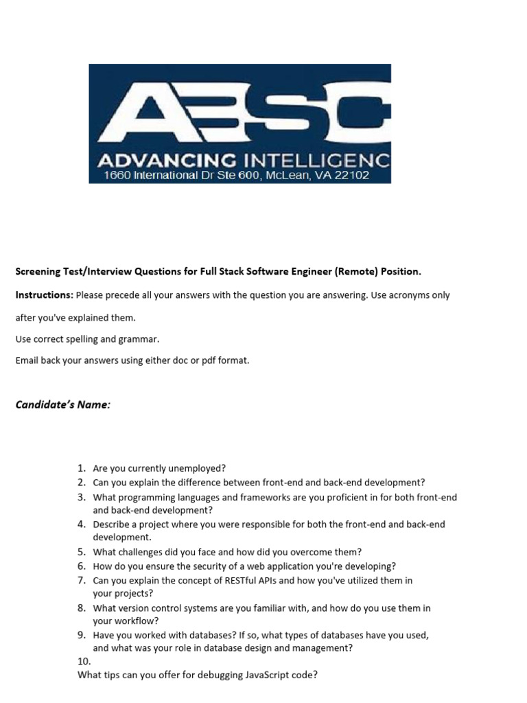 ABSC Full Stack Software Engineer Screening Questions | PDF | Information Technology | Software ...