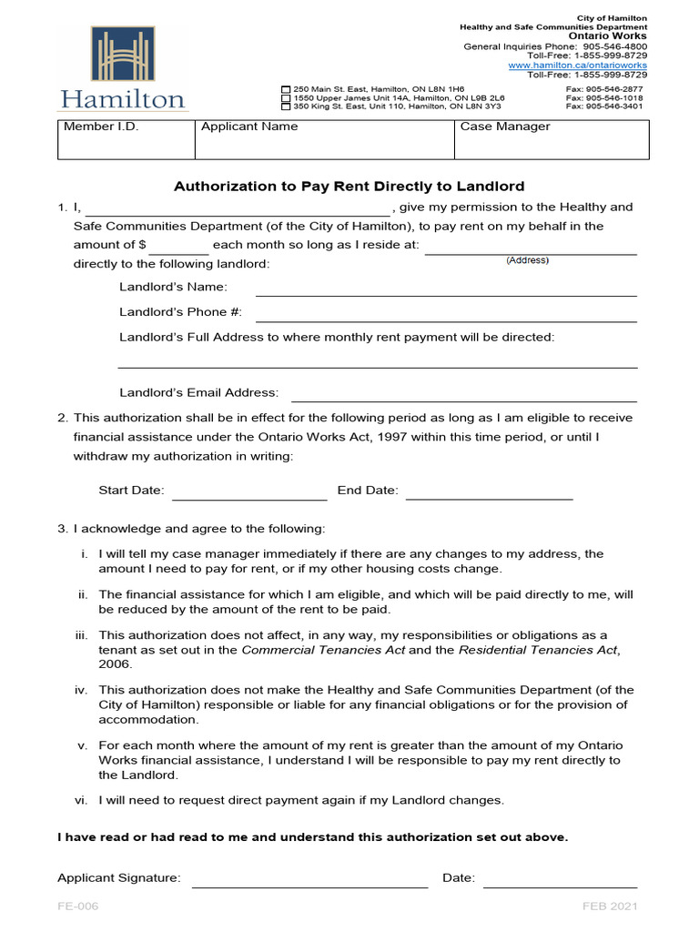 Ontario Works Rent Payment Authorization | PDF | Landlord | Leasehold ...