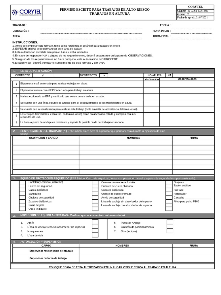 1.10 - Formato de Permisos de Trabajo de Alto Riesgo (PTAR) | PDF