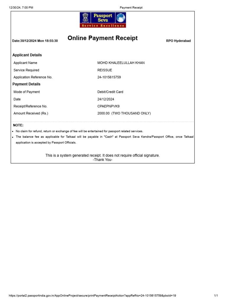 Online Payment Receipt for Passport Reissue | PDF